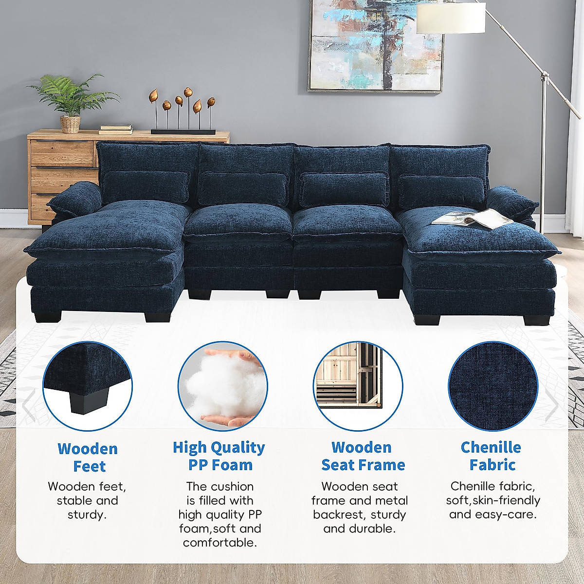Tmsan 109.8" Sectional Sofa Cloud Couch for Living Room, Modern U Shaped Modular Sofa with Double Chaise Lounge, Large 4 Seater Chenille Sleeper Sofa for Apartment Office (Blue)