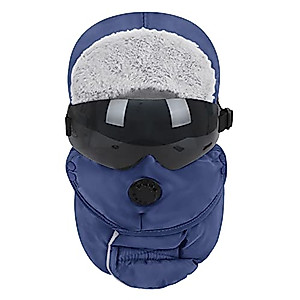 Men Women Balaclava with Glasses Mask, Cold Weather Windproof Ski Hat Camping Full Hooded Cap Snowboard Hunting Trapper Hat Cycling Bike Ushanka Russian Hat Navy