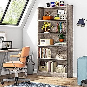 Tribesigns 72-inch Tall Bookcase, Industrial 6-Tier Gray Library Bookshelf with Storage Shelves, Large Open Bookcases Wood Display Shelving Unit for Bedroom Living Room Office, Floor-Standing (Gray)