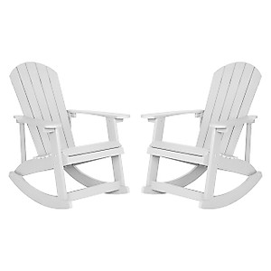 BizChair Poly Resin Wood Adirondack Rocking Chair - All Weather White Polystyrene - Stainless Steel Hardware - Set of 2