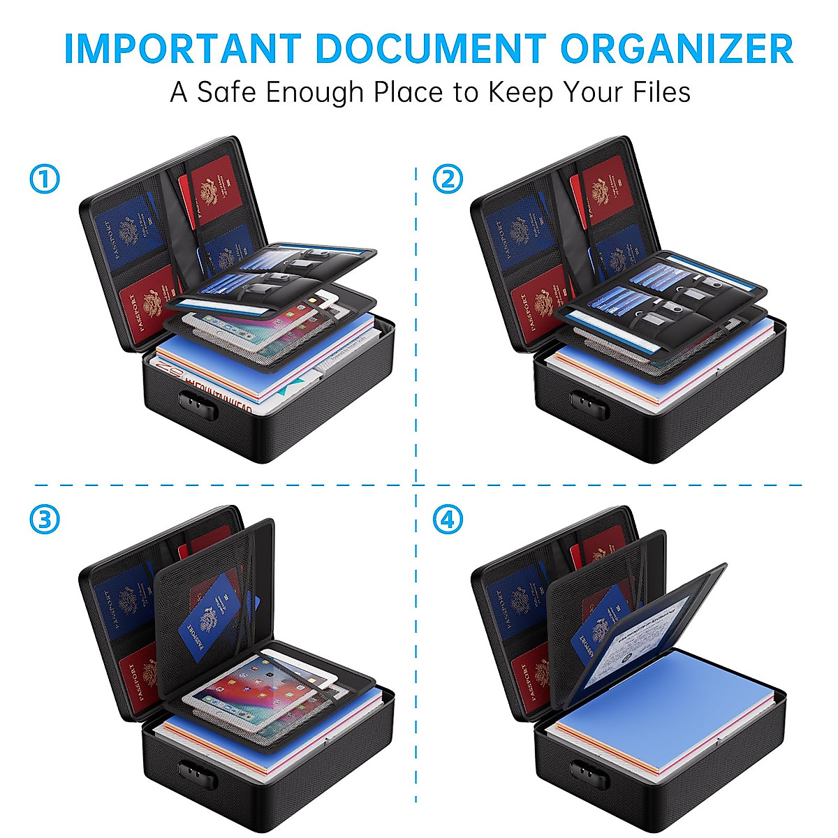 ENGPOW File Organizer Bags,Fireproof Document Bag with Money Bag,Home Office Travel Safe Bag with Lock,Multi-Layer Portable Filing Storage for Important File Passport Certificates Legal Documents