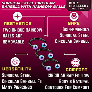 bodyjewellery 3pcs 16g Horseshoe Ring Lip Nose Septum Cartilage Hoop Tragus Forward Helix Black Anodized Steel Rainbow Balls - 8mm