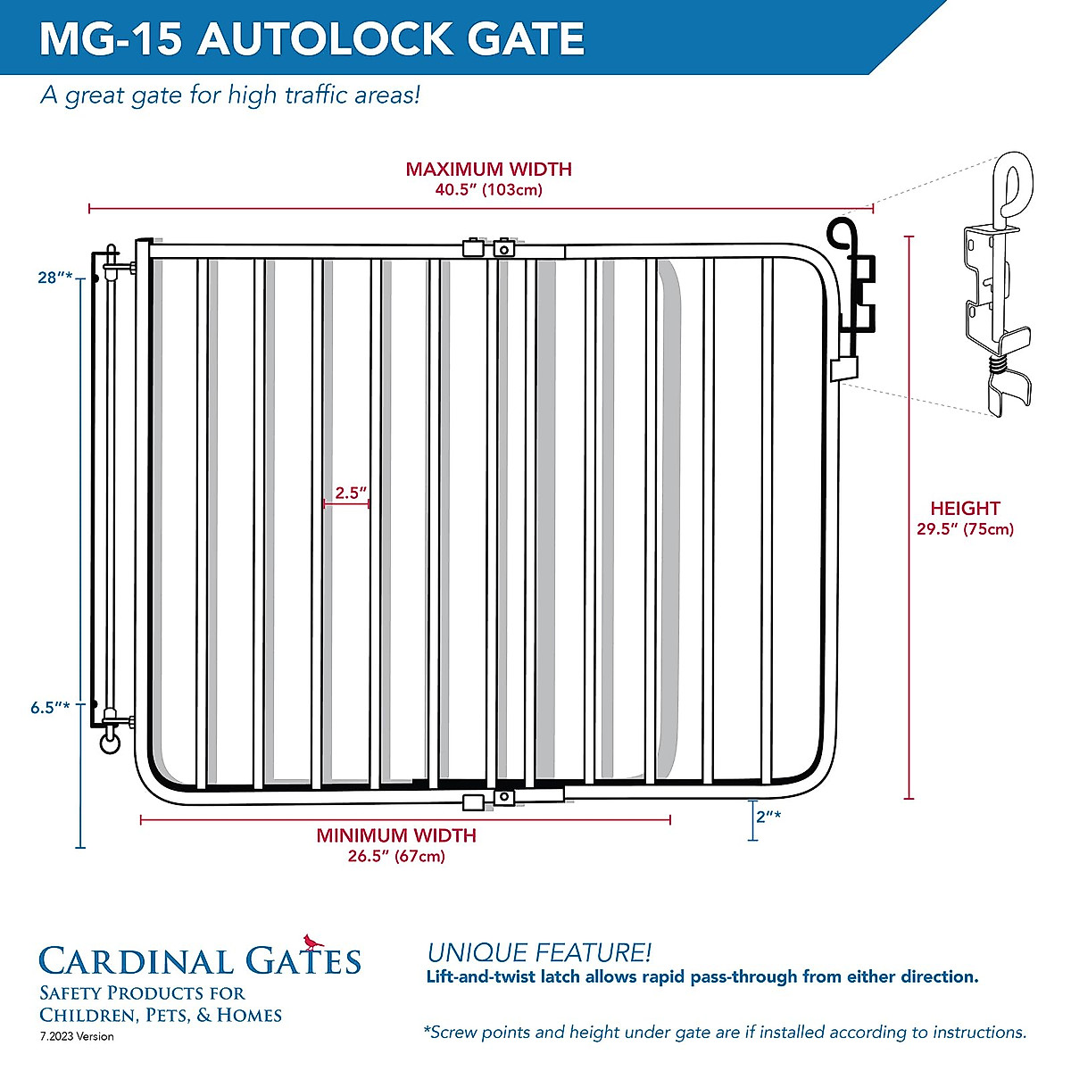 Cardinal Gates MG15 Auto-Lock Baby Gate - Adjustable Indoor Dog Gate - Aluminum Safety Gate for Kids & Pets - 26.5 to 40.5 Inches Wide - White
