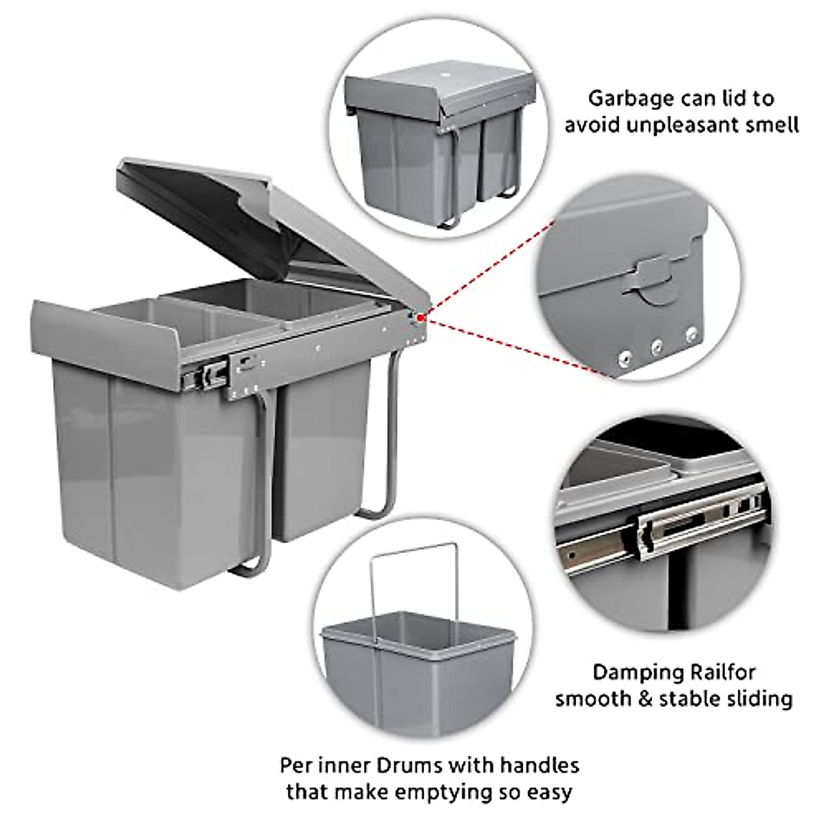 TANYOYO 40 Quarts Double Sliding Trash Can Under Cabinet Kitchen Sliding Out Under Counter Waste Bin Kitchen Pull Out Recycling Bin Dual Waste Containers Under Sink Waste sorter Fixable Base