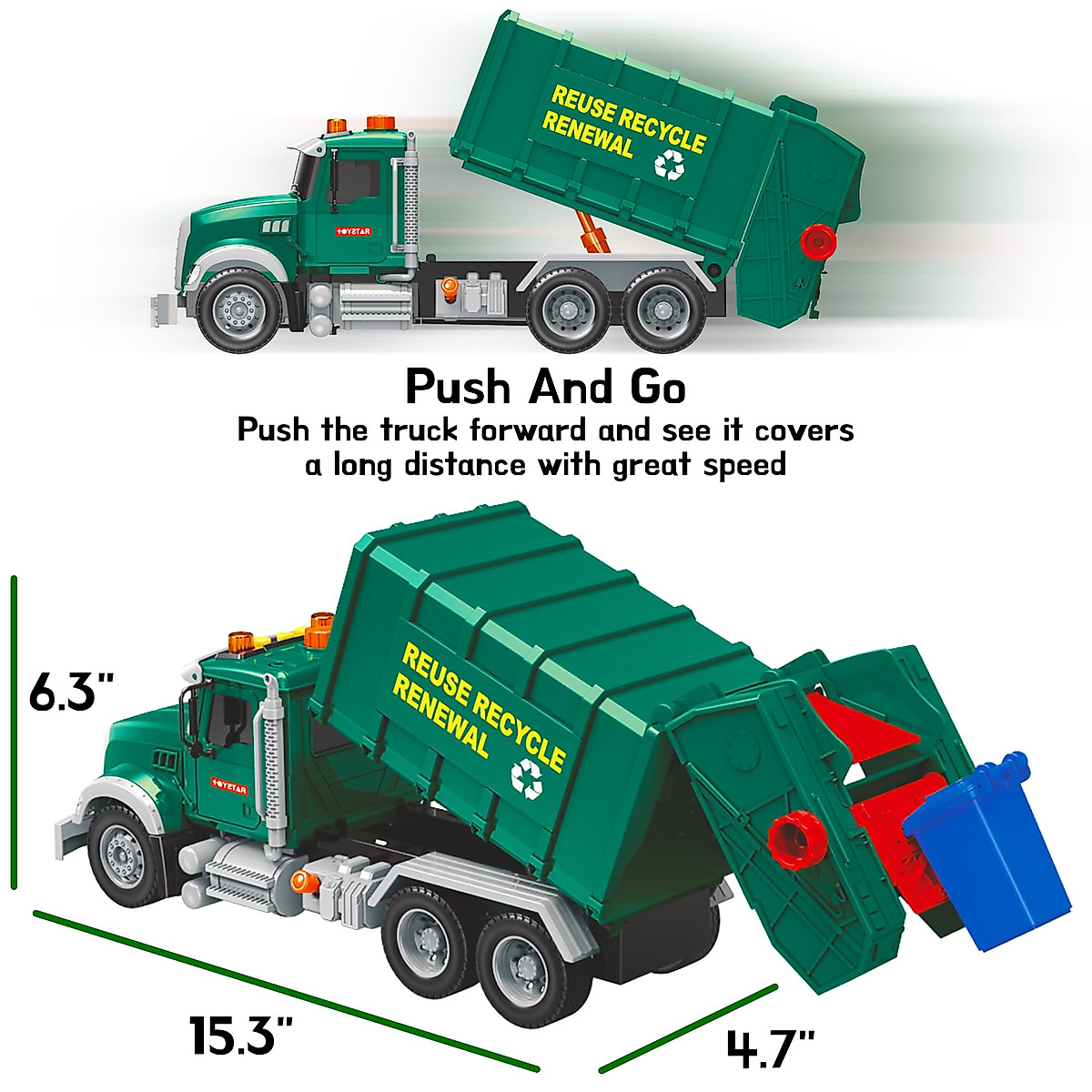MOBIUS Toys Garbage Truck Toy – Recycling Vehicle for Boys with 3 Garbage Cans + 48 Flash Cards – Push & Go, Lights & Sounds – Multi-Functional Trash Truck w/Moving Parts for Ages 3-8