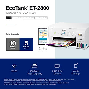 Epson EcoTank ET-2800 All-in-One Wireless Color Supertank Inkjet Printer for Home, White - Print Scan Copy - 10 ppm, 5760 x 1440 dpi, 1.44" LCD Display, Borderless Photo Prints, Cartridge-Free
