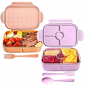 Jeopace Bento Box, Bento Box Adult Lunch Box,Kids Bento Box with 3&4Compartments,Lunch Containers Microwave Safe(Flatware Included,LightPurple+Orange)