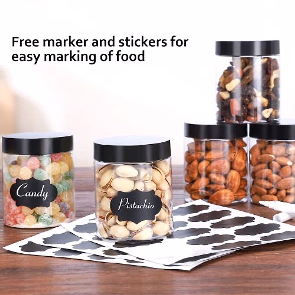 40 Pack Plastic Jars with Lids, Gencywe 8 oz Clear Slime Cosmetics Containers with Pen and Labels, Leakproof Storage Jars, PET Empty Jars with Black Lids for Kitchen Cookie Candy Spices Dry Food Cream