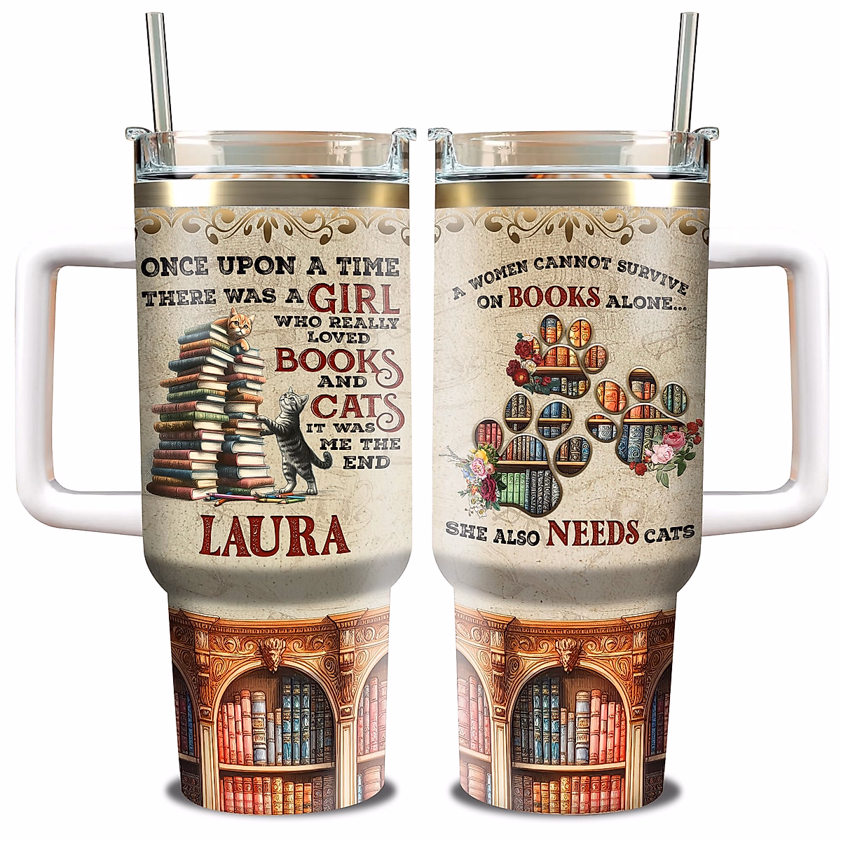 WAZONE Personalized Books and Cats Coffee Tumbler 40oz with Handle and Straw Custom Name Travel Coffee Mug Birthday Christmas Thanksgiving Gift For Librarians Cat Lovers Friends Women Girls