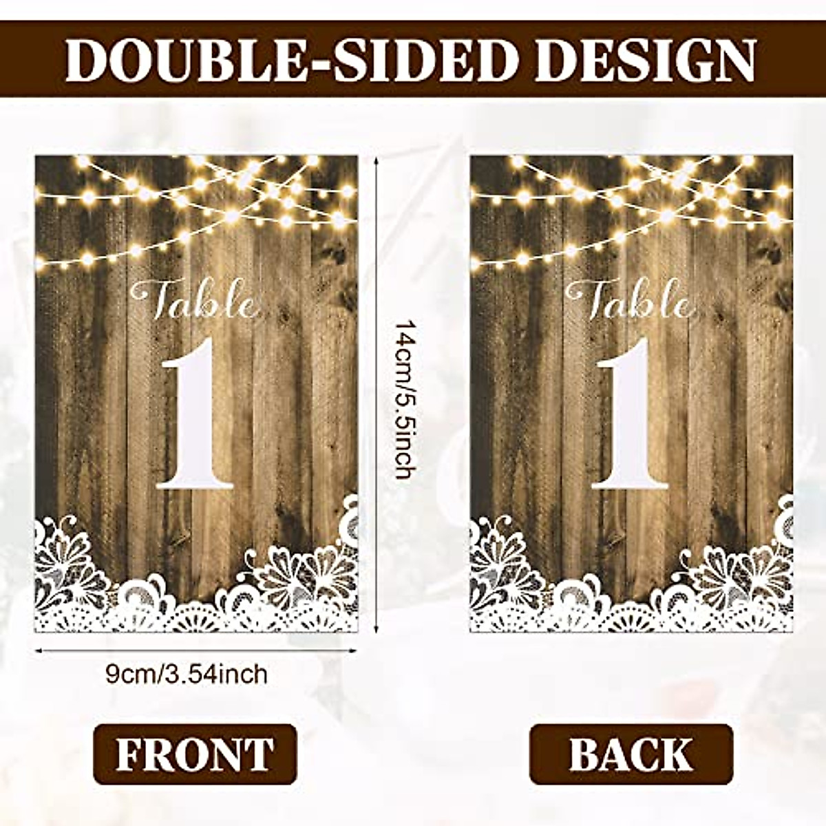 1-12 Wood Lights Table Number Double Sided Signs Rustic Calligraphy Printed Numbered Card Paper Wedding Seating Chart Table Decoration Restaurant Reusable Reception Centerpieces for Tables, 4 x 6 Inch