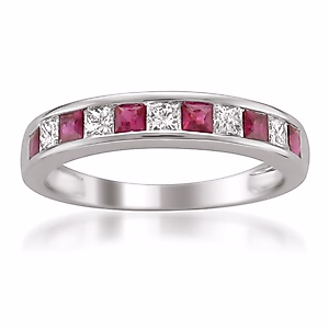 Beyond Brilliance 0.55 Carat Diamond, Channel-Set 14K White Gold Princess Cut Diamond and Red Ruby Wedding Band Ring (H-I, I1-I2) Natural Diamond Wedding Band For Women | Gift Box Included Size-4