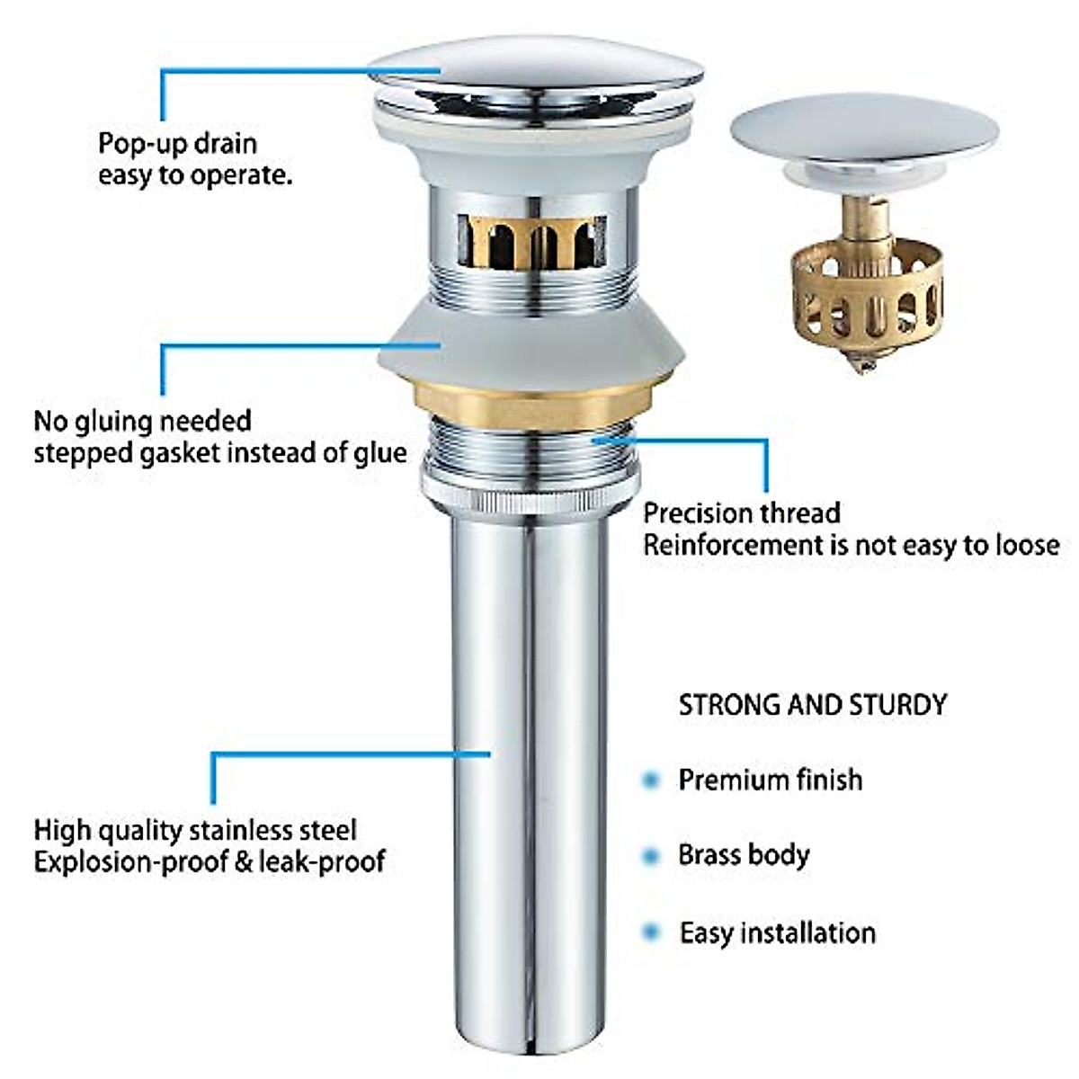 VOTON Bathroom Sink Drain Chrome Lavatory Pop-up Drain with Detachable Basket Stopper, Anti-Explosion and Anti-Clogging Drain Strainer，with Overflow Hole