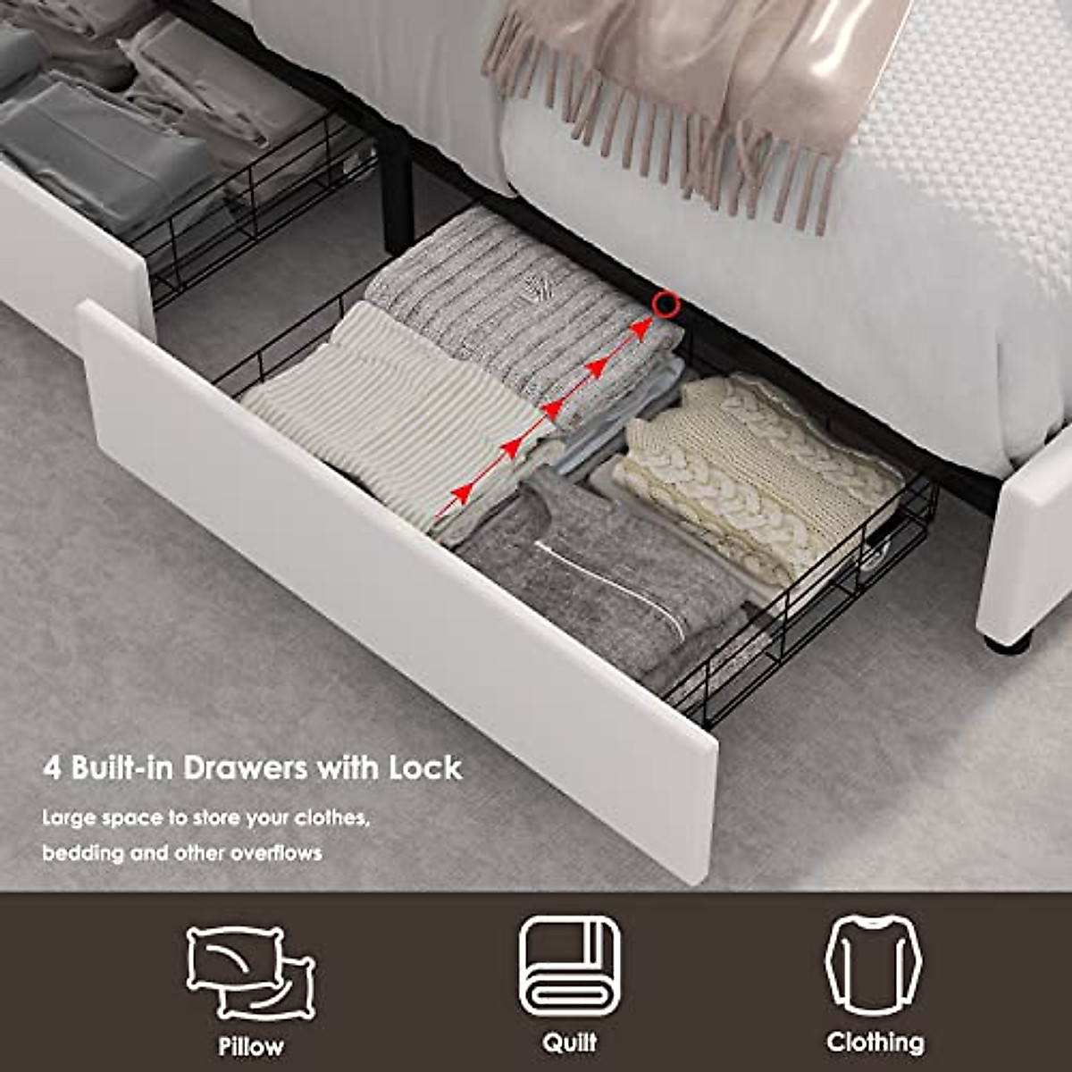 HOSTACK Full Bed Frame with 4 Storage Drawers, Upholstered Platform Bed Frame with Button Tufted Headboard, Heavy Duty Mattress Foundation with Wooden Slats, No Box Spring Needed (White, Full)