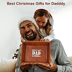 Gifts for Dad, World's Best Dad Ever Leather Valet Tray, Birthday Gifts for Dad Stepdad Men, Christmas Stocking Stuffers for Dad from Kids Daughter Son, Nightstand Organizer for Dad Presents, Brown
