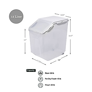 HANAMYA 15 Liter / 30 lbs Rice Storage Container with Measuring Cup, BPA free, For Rice | Grain | Pet Food | Flour, 2 counts, Clear