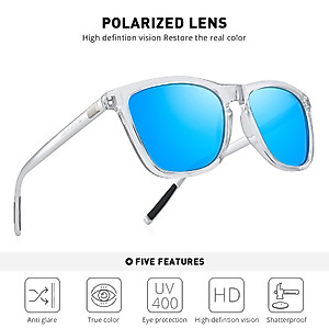 MERRY'S Unisex Polarized Sunglasses for Women Men Classic Retro Designer Style Aluminum Legs (Transparent Frame/Blue Mirror Lens/Silver Temples, 54)