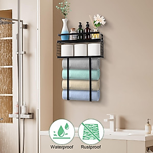 HOTEC Wall-Mounted Towel Rack for Bathroom with Large Capacity Shelf Space Saving Towel Holder for Bathroom Storage, for Small Bathrooms, Apartments, RVs Durable and Stylish Metal and Wood Design