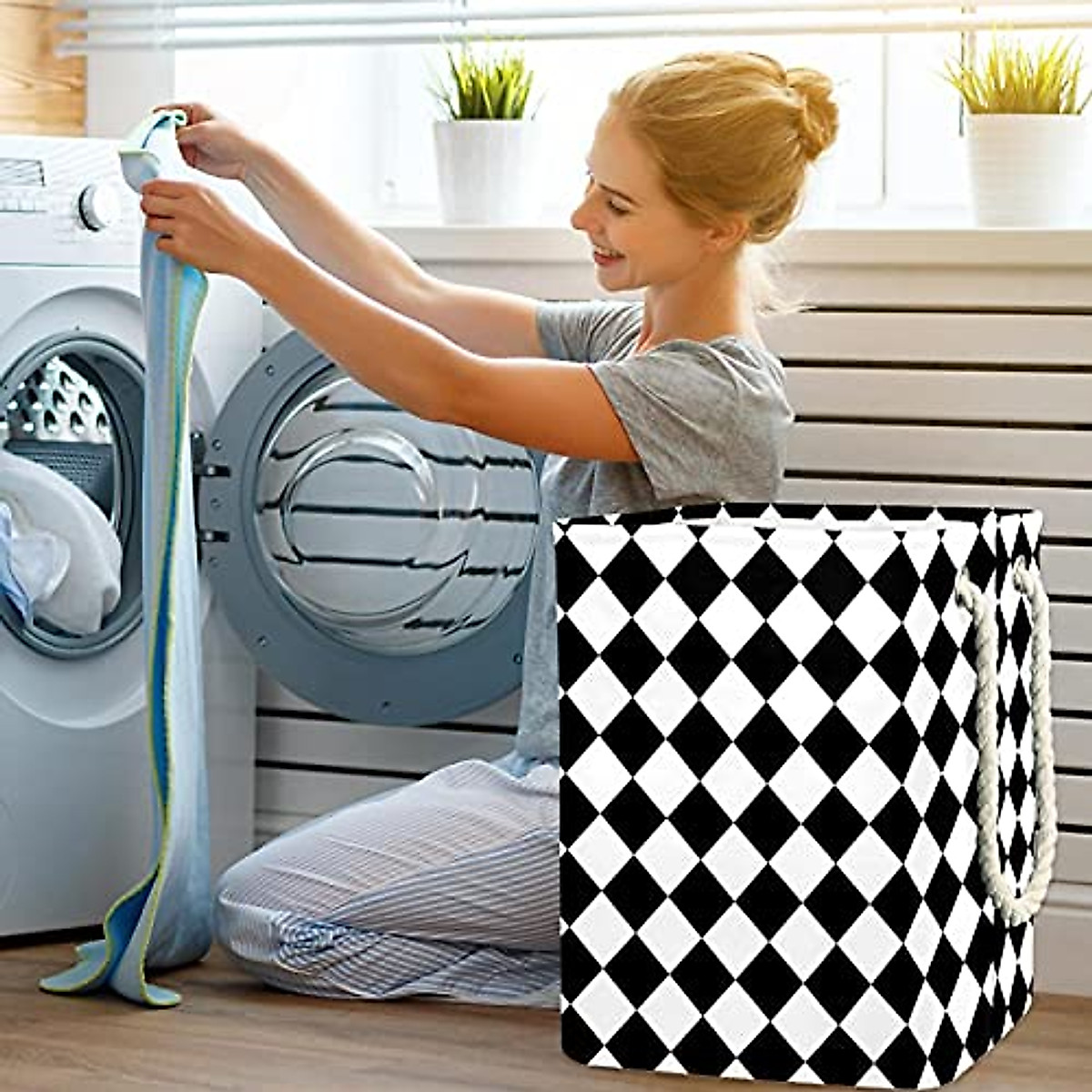 Art Black White Square Checkerboard Large Laundry Hamper With Easy Carry Handle, Waterproof Collapsible Laundry Basket For Storage Bins Kids Room Home Organizer