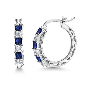 Gem Stone King 925 Sterling Silver Blue Created Sapphire and White Moissanite Hoop Earrings for Women | 1.56 Cttw | 3MM Princess Cut | 20MM