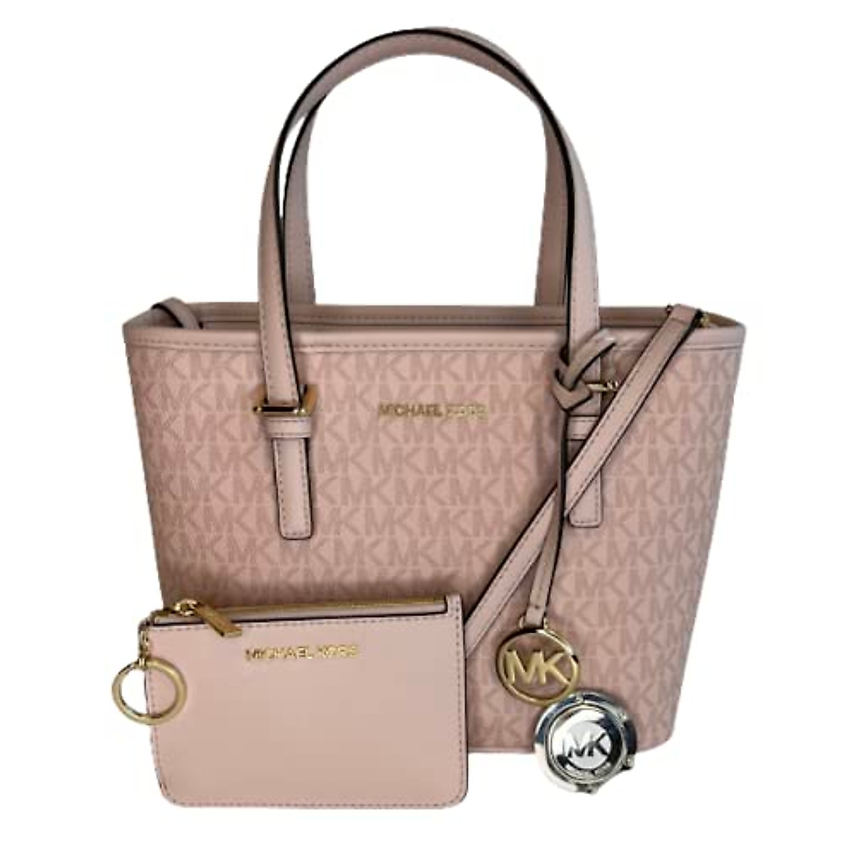 Michael Kors Jet Set Travel XS Carryall Convertible Top Zip Tote bundled with SM TZ Coinpouch and Purse Hook (DK Powder Blush)