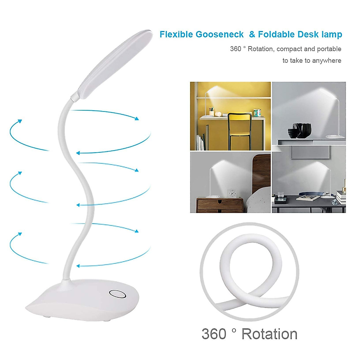 Deeplite Led Desk Lamp Battery Book Light Chargeable Reading Light, Flexible Arm, Dimming Brightness Portable Desk Light for Work Study (2 Pack).