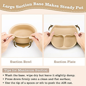 Silicone Baby Feeding Set, Baby Led Weaning Supplies with Suction Bowl Divided Plate, Toddler Self Feeding Dish Set with Spoons Forks Sippy Cup Adjustable Bib, Eating Utensils for 6+ Months(Khaki)