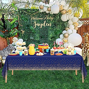 12 Pcs Navy Blue Plastic Tablecloth Gold Dot Blue Table Cloth, 54×108 inches Disposable Gold Dot Confetti Dark Blue Table Cover for Anniversary, Friendsgiving, Fine Dining, Graduation Party Decoration