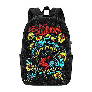 Qcosjeem Asking Rock Band Alexandria Backpack,unisex casual book bags,external usb interface,earphone cable interface,label.traveling backpack suitable for laptop Fashion usb Backpack