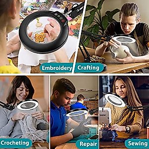 Drdefi 5X Magnifying Glass with Light and Stand, 5 Color Modes Stepless Dimmable Desk Lamp with Clamp, Adjustable Swing Arm 2-in-1 LED Lighted Magnifier with Light for Craft Hobby Reading Close Works