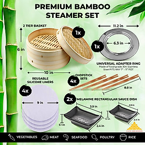 Chok Dee Goods Bamboo Steamer Premium Set, Stainless Steel Cooking Ring Included, 1 10" 2 Tier Basket, 1 Stainless Steel Cooking Ring, 4 Sets of Chopsticks, 4 Reusable Silicone Liners, 2 Sauce Dishes