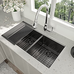 Beslend 33 Inch Black Undermount Kitchen Sink - 33”x19”x10” Stainless Steel Gunmetal Black 16 Gauge 10 Inch Deep 50/50 Double Bowl Kitchen Sink Basin