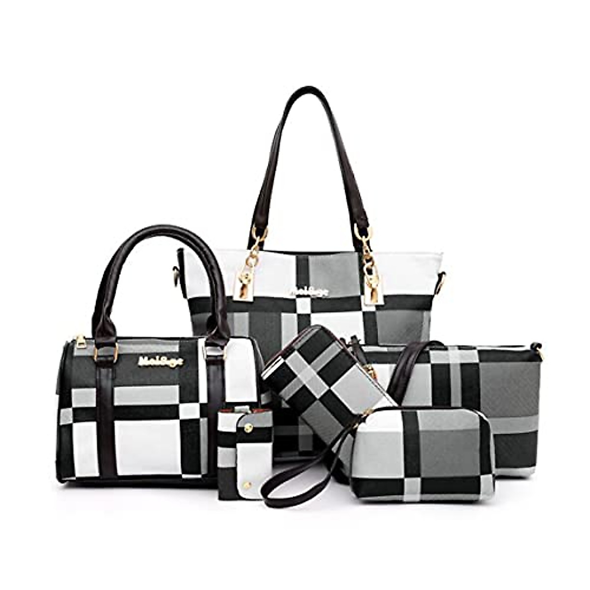 GJGJTER Women Synthetic PU Leather Tote Satchel Crossbody One-shoulder Portable Messenger Bag 6pcs Set Top-Handle Handbags-Black