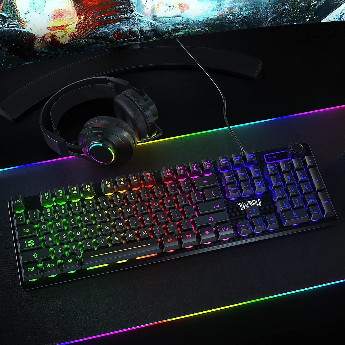 TNBIU Gaming Keyboard, 105-Key Wired Membrane Keyboard, Rainbow LED Backlit Keyboard, Floating Keycap Design, Aluminum Alloy Panel, Stylish Appearance Design, Suitable for Desktop, Computer, PC