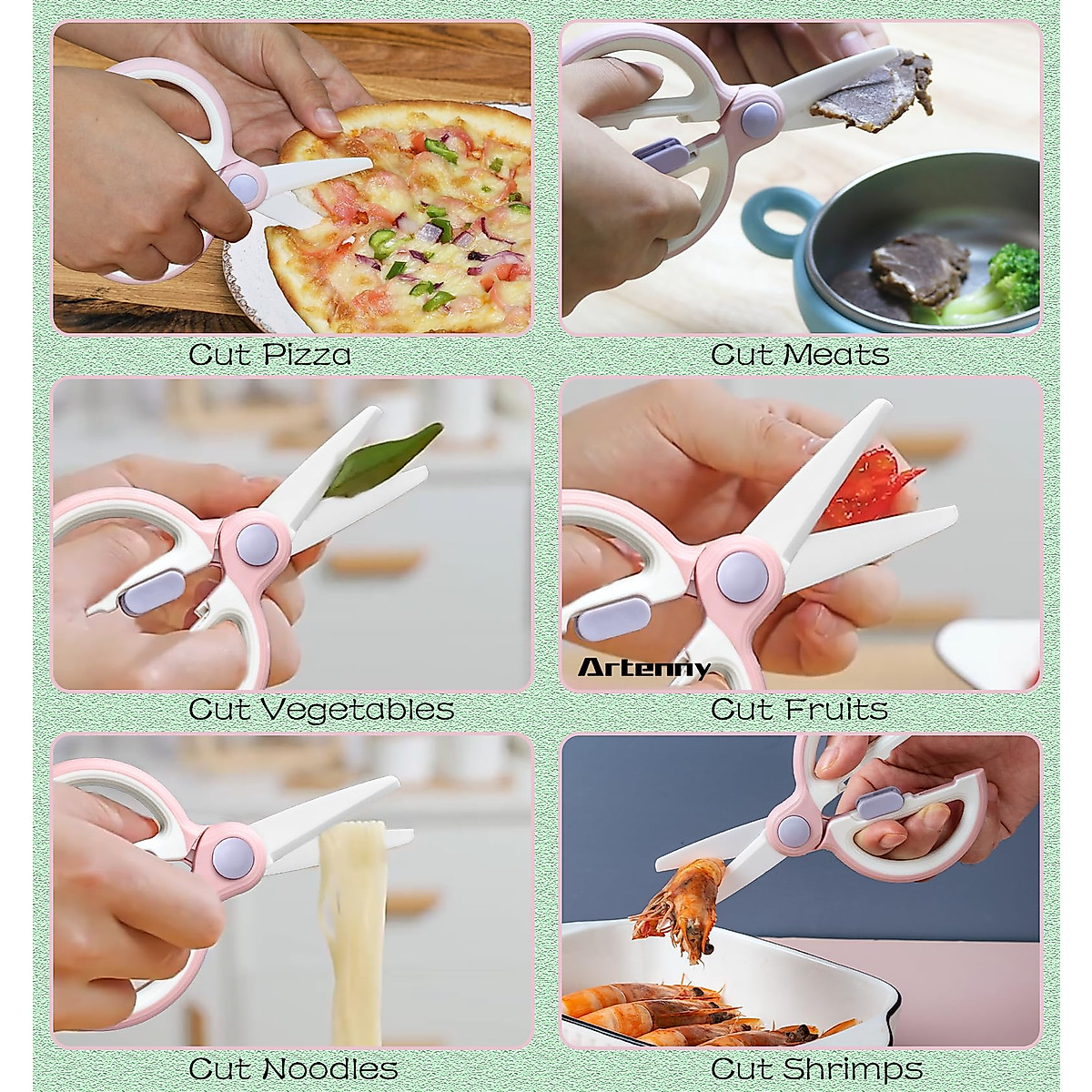 Artenny Kids Food Scissors, Ceramic Baby Food Scissors with Case Travel, Portable Toddler Food Scissors with Safety Lock (A)