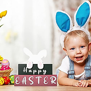 Happy Easter Wooden Signs Easter Tiered Tray Decorations Easter Bunny Rabbits Tabletop Signs Religious Decor Sign Spring Seasonal Decor for Home Tabletop Decorations