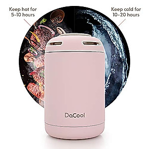 DaCool Insulated Lunch Containers Hot Food Jar Vacuum Insulated Stainless Steel 16 oz Leak Proof Keep Food Cold Hot Food Container Lunch Box School Camping Outdoors,BPA Free- Pink