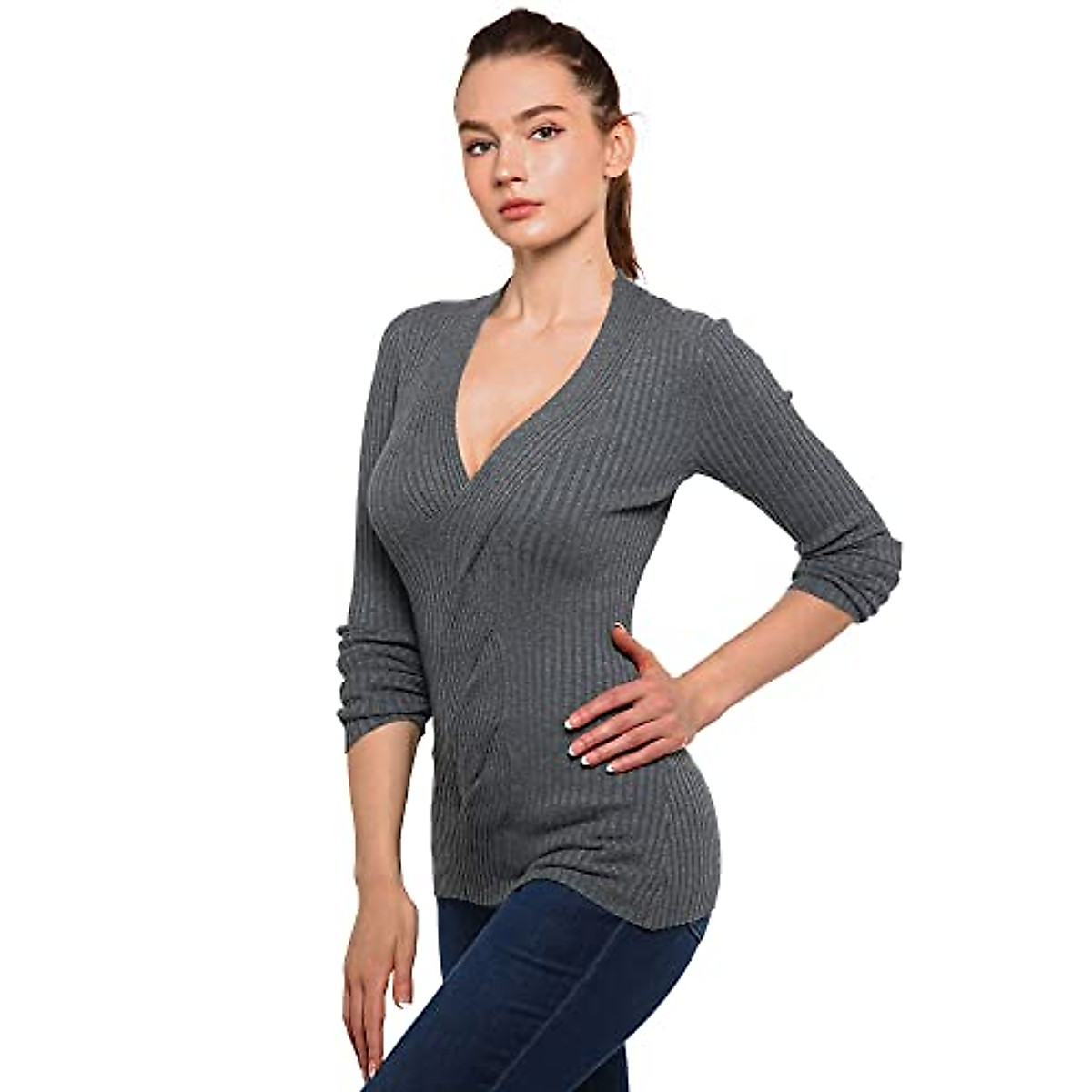 AmélieBoutik Women V Neck Twist Front Cable Knit Long Sleeve Ribbed Sweater (Dark Gray Small)