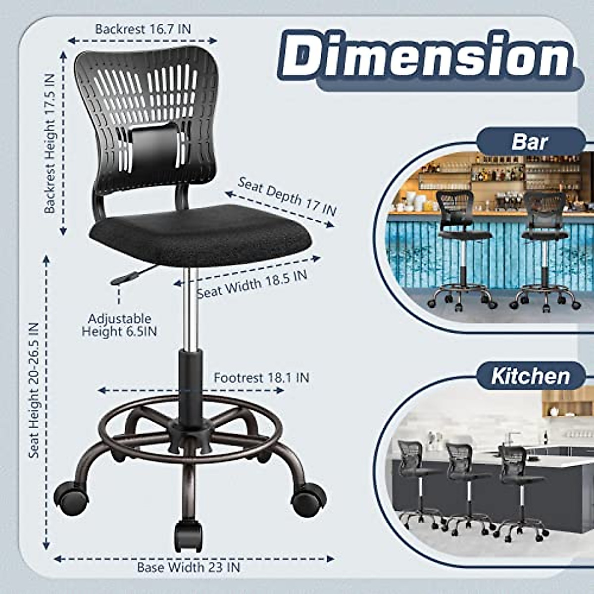 PALONE Bar Stools Adjustable Barstools Modern Design Counter Height Bar Stools with Backrest 360°Swivel Stools for Kitchen Counter with 5 Rollers Set of 2 Black