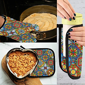 Oven Gloves Pot Holders Mexican Talavera Ceramic Tile Pattern Kitchen Soft Oven Insulation Mitts Heat Resistance Potholder Sets Safe Baking Cooking Microwave