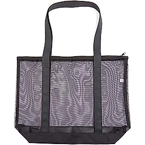 Okuna Outpost Mesh Tote Bags with Zipper for Grocery Shopping, Beach (Black, Large, 2 Pack)