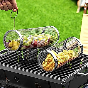 OQOPO BBQ Net Tube, Rolling BBQ Grilling Basket, Outdoor Picnics BBQ Grill Stainless Steel Mesh Versatile Cylinder Grill Cooking Accessories for Vegetables,Fries,Meat,Fish BBQ Net Tube (2Pcs)