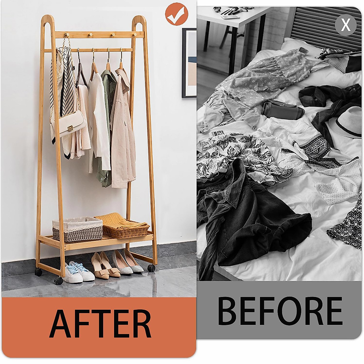 SOBIBO Bamboo Clothes Rack, Garment Rack Rolling Coat Rack Multifunctional Bedroom Hanging Rack Clothing Organizer,Nature