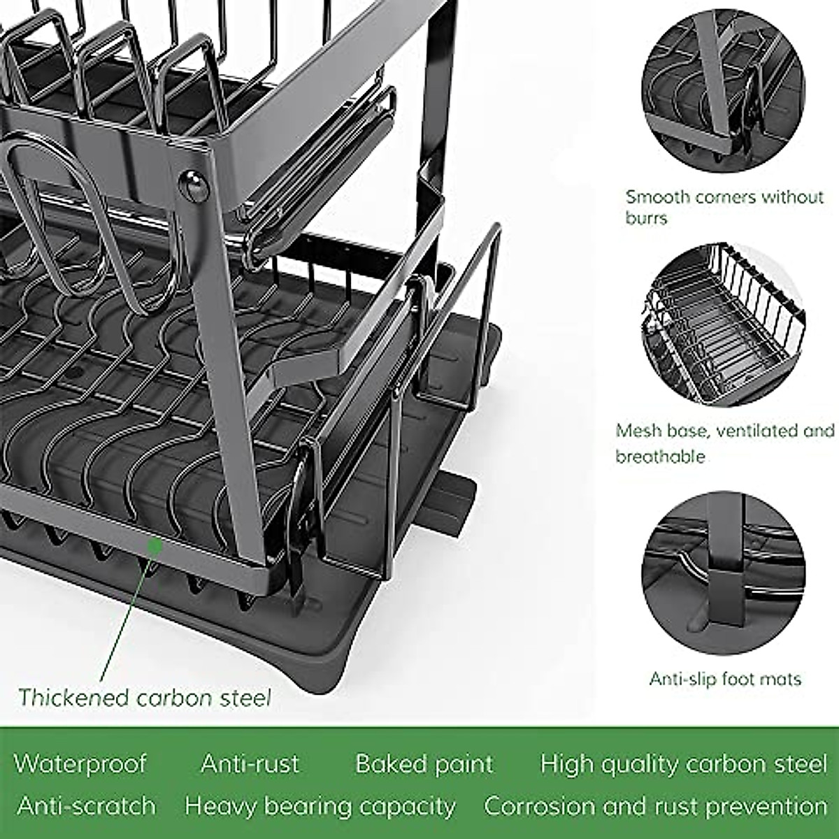 Hovshelf Dish Racks for Kitchen Counter, Dish Drying Rack with Drainboard, 2 Tier Dish Drainers for Kitchen Counter(Black)