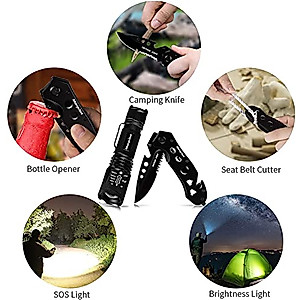 Pocket Knife, Multi Folding Knife and Flashlight Set, Pocketclip, Glass Breaker, Seatbelt Cutter Survival Knives for Hiking, Camping, Fishing, Pocket Knives for Man, Husband, Boyfriends, Brother
