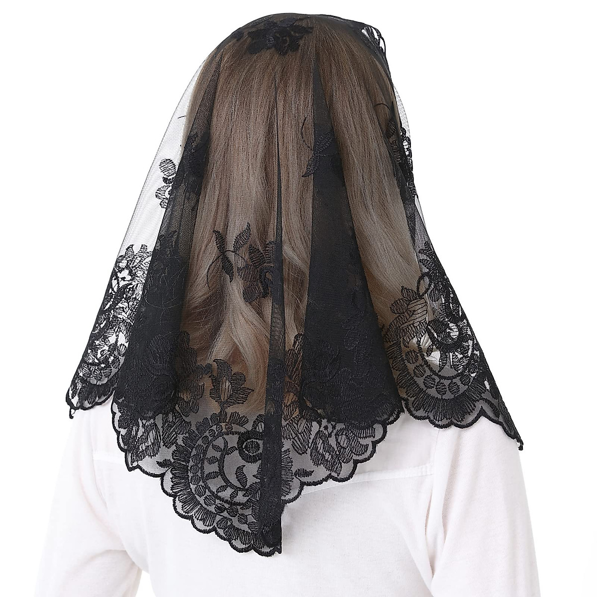 Spanish Mantilla Traditional Church Mass Head Covering Chaple Lace Veil Catholic Mass First Coummunion Bridal Latin Mass Veil (Black)