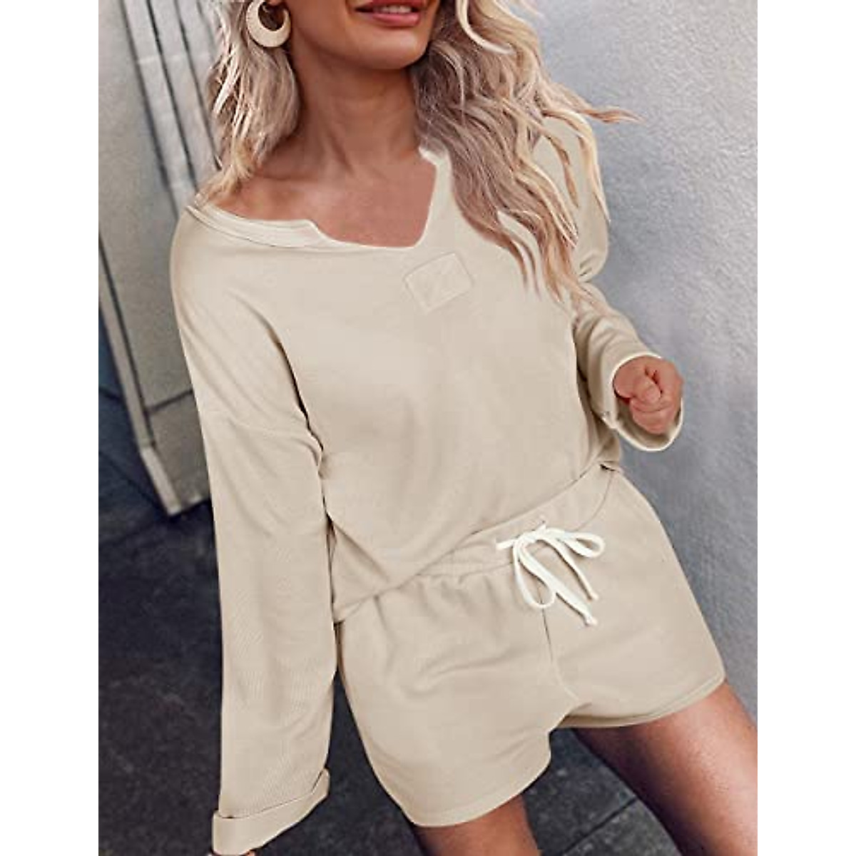 MEROKEETY Women's Long Sleeve Pajama Set Henley Knit Tops and Shorts Sleepwear Loungewear, Beige, L