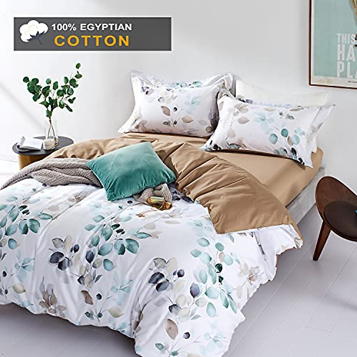MILDLY Duvet Cover Queen Size 100% Egyptian Cotton Gradient Teal Leaves Plant Pattern Comforter Cover Ultra Soft & Breathable Unique Design Farmhouse Bedding Set (1 Queen Duvet Cover + 2 Pillow Shams)