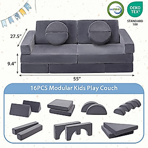KIDZSOF 16Pcs Kids Couch, Modular Kids Play Couch for Toddlers, 1000+DIY Convertible Kid Sofa for Playroom Bedroom Building Fort, Versatile Foam Kid Play Couch for Child Boys & Girls Baby, Grey