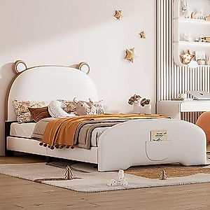 YSWH Twin Size Upholstered Bear Shaped Platform Bed, Wood Platform Bed Frame with Bear Ears Headboard and Pocket on The Footboard, Kids Bedroom Furniture Fun Cute Bear Bed Cartoon Bed (White)