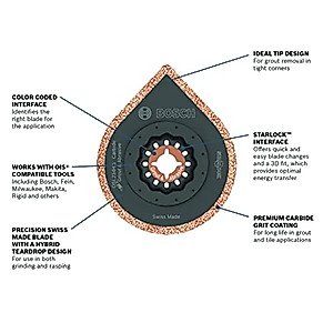 BOSCH OSL234HG 1-Piece 2-3/4 In. x 1/8 In. Starlock Oscillating Multi Tool Grout & Abrasive Carbide Grit Hybrid Grout Blade for Grinding & Rasping Applications